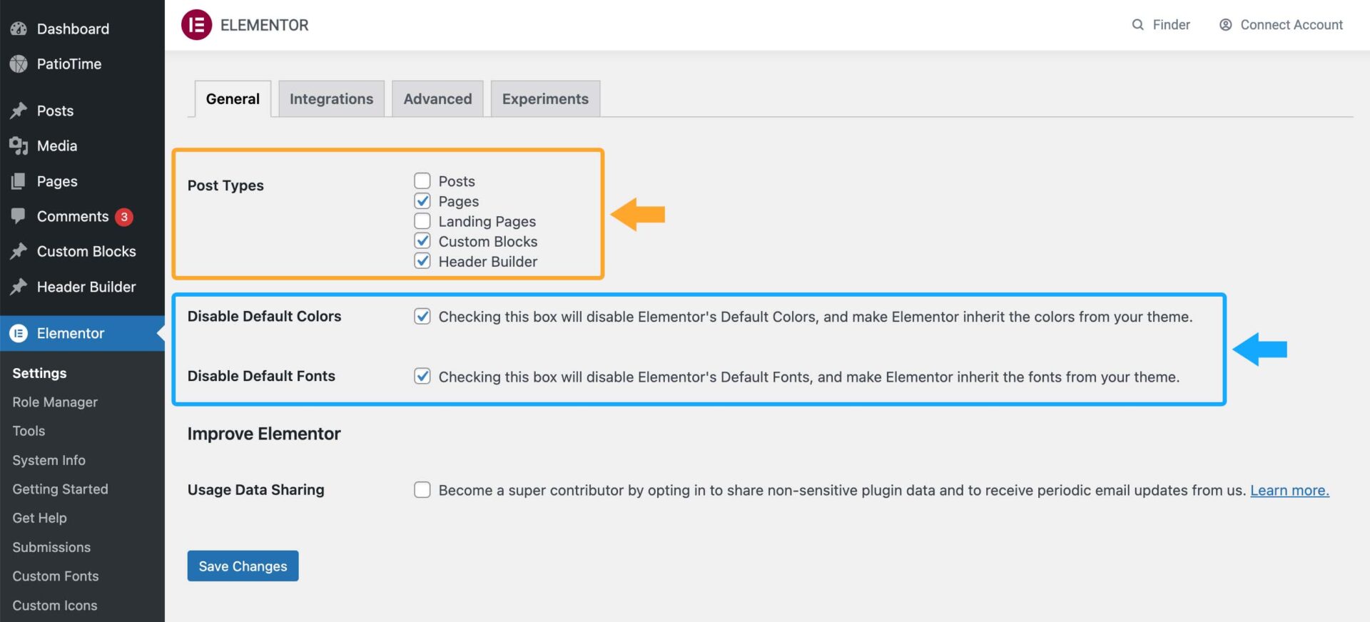 Elementor General Settings – PatioTime Knowledge Base